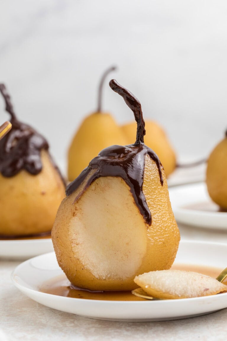 Simple Poached Pears with Quick Chocolate Sauce - The Butter Cookie